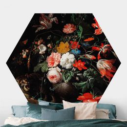 Hexagon Fototapete selbstklebend Abraham Mignon - Das umgeworfene Bouquet