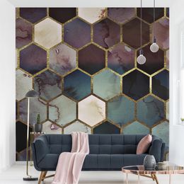 Bilderwelten Fototapete Hexagontr&auml;ume Aquarell Muster Geometrie petrol violett lila mit Goldeffekt selbstklebende Tapete Wandtapeten Wohnzimmer Vliestapete