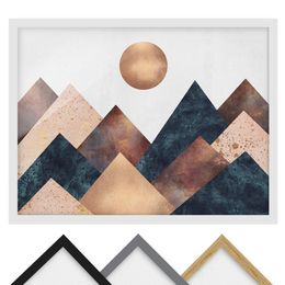 Bilderwelten Bild mit Rahmen - Querformat Geometrische Berge Bronze