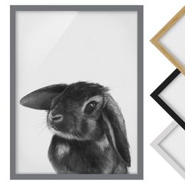Bilderwelten Bild mit Rahmen - Hochformat Illustration Hase Schwarz Wei&szlig; Zeichnung