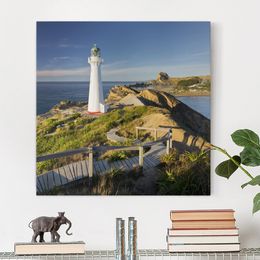 Bilderwelten Leinwandbild Strand modern Kunstdruck blau - Castle Point Leuchtturm Neuseeland - Landschaft XXL Wohnzimmer Schlafzimmer