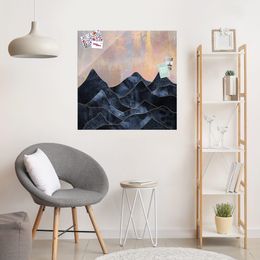 Bilderwelten Glasbild originell Abstrakt blau Aquarell - Goldene D&auml;mmerung &uuml;ber Gebirge - Deko Wohnzimmer Schlafzimmer