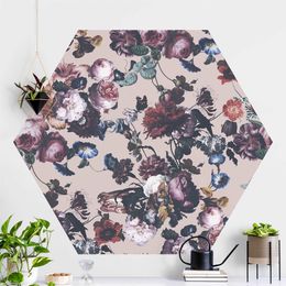 Bilderwelten Hexagon Tapete Blumen Vintage Wandtapete rosa - Altmeisterliche Bl&uuml;ten mit Tulpen und Rosen auf Rosa - Retro Wohnzimmer Schlafzimmer
