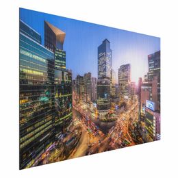 Bilderwelten Alu Dibond Outdoor Bild Stadt orange Motiv wetterfest - Stadtlichter von Gangnam - Architektur Wohnzimmer Schlafzimmer