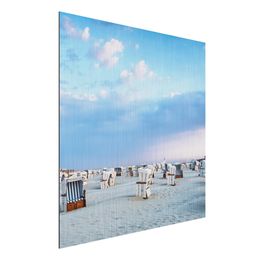 Bilderwelten Alu Dibond Outdoor Bild Strand blau Motiv wetterfest - Strandk&ouml;rbe an der Nordsee - D&uuml;nen Wohnzimmer Schlafzimmer