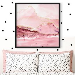 Bilderwelten Bild mit Rahmen Abstrakte Berge Rosa mit Goldenen Linien
