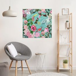Bilderwelten Glasbild Blumen Vintage bunt Glas Wandbild - Vintage Collage - Kolibris im Paradies - Retro Wohnzimmer Schlafzimmer