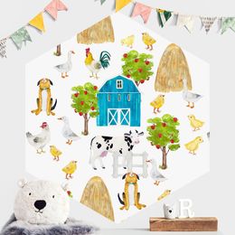 Bilderwelten Hexagon Tapete Tiere Illustration Aquarell bunt - Aquarellierte Bauernhof Illustration - Bauernhof Kinderzimmer Baby M&auml;dchen Jungen