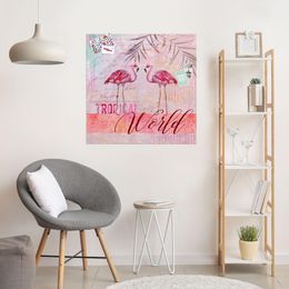Bilderwelten Glasbild Tiere Vintage pink Glas Wandbild - Vintage Collage - Tropical World Flamingos - Retro Wohnzimmer Schlafzimmer