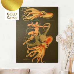 Bilderwelten Leinwandbild Tiere Vintage Kunstdruck blau - Nymphe mit Oktopussen - Lustig XXL Wohnzimmer Schlafzimmer