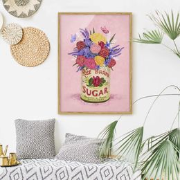 Bilderwelten Bild mit Rahmen Blumen rosa modern Aquarell - Flowers in a can - Roses and Lavender - Deko Wohnzimmer Schlafzimmer