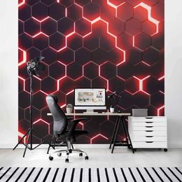 Bilderwelten Fototapete Strukturierte Hexagone mit Neonlicht in Rot - Jugendzimmer - Strukturierte Hexagone mit Neonlicht - Gamer Room Tapete Neon Schwarz