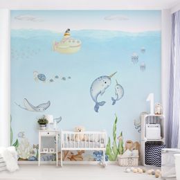 Bilderwelten Fototapete Narwalfamilie mit Freunden Unterwasserwelt Aquarell Babyzimmer Kinder M&auml;dchen Junge Vliestapete nach Ma&szlig; inkl. Kleister oder selbstklebend