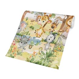 Bilderwelten Fototapete Wilde Savanne L&ouml;we Giraffe Elefant Aquarell - Babyzimmer Kinderzimmer M&auml;dchen Junge Vliestapete nach Ma&szlig; inkl. Kleister oder selbstklebend