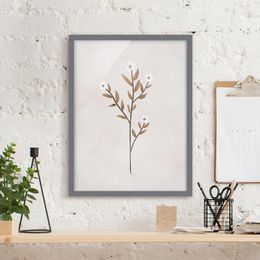Bilderwelten Bild mit Rahmen beige Tropisch inkl. Rahmung - Zarter Zweig mit wei&szlig;en Bl&uuml;ten - Pflanzen Wohnzimmer Schlafzimmer