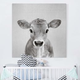 Bilderwelten Leinwandbild Tiere Motiv Kunstdruck schwarz weiss - Baby Kuh Kira Schwarz Wei&szlig; - Wandbild XXL Kinderzimmer Baby M&auml;dchen Jungen