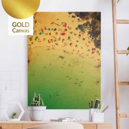 Bilderwelten Leinwandbild Strand Motiv Kunstdruck blau - Urlauber am Strand - Landschaft XXL Wohnzimmer Schlafzimmer
