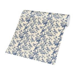 Bilderwelten Fototapete Tiere Illustration Wandtapete pastell - Toile Spatzen und Heckenrosen - Rose Kinderzimmer Baby M&auml;dchen Jungen