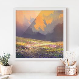 Bilderwelten Bild mit Rahmen Blumen bunt Illustration inkl. Rahmung - Gemalte Anime Landschaft - Blumenwiese Kinderzimmer Baby M&auml;dchen Jungen