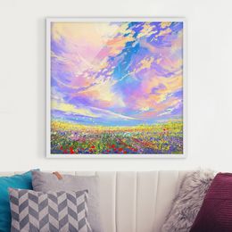 Bilderwelten Bild mit Rahmen Blumen bunt Illustration inkl. Rahmung - Gemalter Anime Himmel - Blumenwiese Kinderzimmer Baby M&auml;dchen Jungen