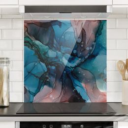 Bilderwelten Glas Spritzschutz Abstrakt petrol originell Aquarell - Unterwasser in Petrol und Rot mit Gold - Deko K&uuml;chenr&uuml;ckwand aus Glas