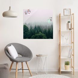 Bilderwelten Glasbild Wald Motiv gr&uuml;n Glas Wandbild - Wald im Nebel D&auml;mmerung - B&auml;ume Wohnzimmer Schlafzimmer