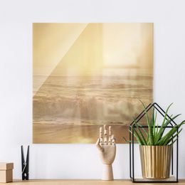 Bilderwelten Glasbild Strand Motiv rosa Glas Wandbild - Sonnenuntergang in zartem Rosa - Karibik Wohnzimmer Schlafzimmer