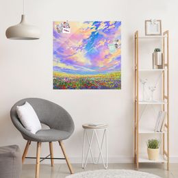 Bilderwelten Glasbild Blumen Illustration bunt Glas Wandbild - Gemalter Anime Himmel - Blumenwiese Kinderzimmer Baby M&auml;dchen Jungen