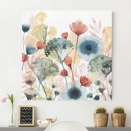 Bilderwelten Leinwandbild Blumen Landhaus Aquarell weiss - Wildblumen im Sommer I - Wandbild XXL Wohnzimmer Schlafzimmer