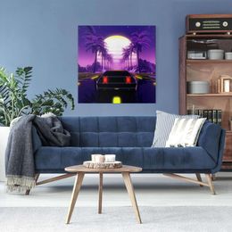 Bilderwelten Leinwandbild Fahrzeuge Vintage Kunstdruck violett - Vintage Video Auto mit Palmen - Auto Landmaschine & LKW XXL Jugendzimmer