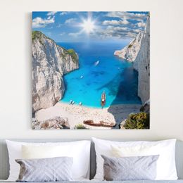 Bilderwelten Leinwandbild Strand Motiv Kunstdruck blau - Meeresbucht - Meerblick XXL Wohnzimmer Schlafzimmer