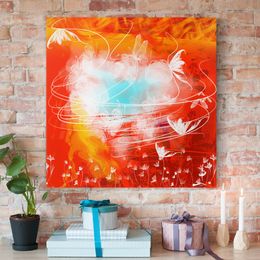 Bilderwelten Leinwandbild Blumen modern Kunstdruck Leinwanddruck - Red Grunge with Butterflies - Wandbild XXL Wohnzimmer Schlafzimmer