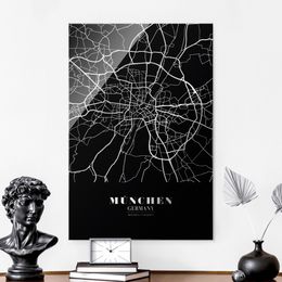 Bilderwelten Glasbild Spr&uuml;che Illustration schwarz weiss Glas Wandbild - Stadtplan M&uuml;nchen - Klassik Schwarz - M&uuml;nchen Wohnzimmer Schlafzimmer