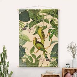 Bilderwelten Wandteppich Tiere gr&uuml;n Landhaus Stoffbild - Vintage Collage - Papageien im Dschungel - Pflanzen Wohnzimmer Schlafzimmer