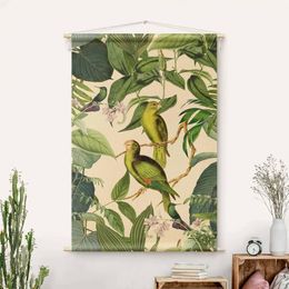 Bilderwelten Wandteppich Tiere gr&uuml;n Landhaus Stoffbild - Vintage Collage - Papageien im Dschungel - Pflanzen Wohnzimmer Schlafzimmer