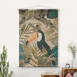 Bilderwelten Wandteppich Tiere t&uuml;rkis Landhaus Stoffbild - Vintage Collage - Tukan im Dschungel - Pflanzen Wohnzimmer Schlafzimmer