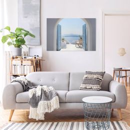 Bilderwelten Leinwandbild Strand Motiv Kunstdruck weiss - Santorini Blick &uuml;ber das Meer - Griechenland XXL Wohnzimmer Schlafzimmer