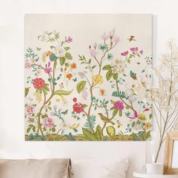 Bilderwelten Leinwandbild Illustrierte Blumen Chinoiserie auf Gelb