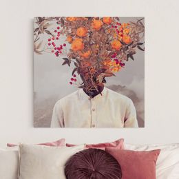 Bilderwelten Leinwandbild Blumen modern Kunstdruck beige - Blumen Portr&auml;t - Orange Rosen mit Bergen - Wandbild XXL Wohnzimmer Schlafzimmer