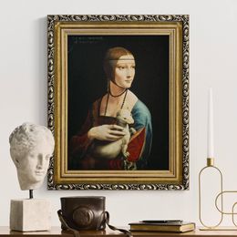Bilderwelten Bild mit Barockrahmen Antik originell modern Barock rot - Leonardo da Vinci - Die Dame mit dem Hermelin - edle Optik Wohnzimmer Schlafzimmer