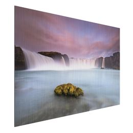 Bilderwelten Alu Dibond Outdoor Bild Natur violett Motiv wetterfest - Go&eth;afoss und der Mond - Himmel Wohnzimmer Schlafzimmer