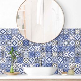Bilderwelten Wandverkleidung Bad Vintage Fliesenoptik Retro blau - Mediterranes Fliesenmuster - wasserfest Wandpaneel statt Fliesen