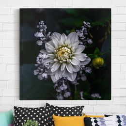Bilderwelten Leinwandbild Blumen Motiv Kunstdruck schwarz - Wei&szlig;e Dahlie - Wandbild XXL Wohnzimmer Schlafzimmer