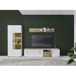 Wohnwand Inosign "HUDSON", weiß (weiß matt tz, applikation evoke eiche mdf tz), B:285cm H:180cm T:42cm, Kastenmöbel-Sets, mit moderner Rillenoptik, Griffe aus Metall (Schwarz), Breite 285 cm