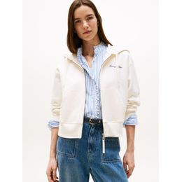 Sweatjacke Tommy Hilfiger "SCRIPT REG PIQUE ZIP-UP HOODIE", Damen, Gr. L (40), beige (ivory silk), Sweatware, Obermaterial: 85% Baumwolle, 15% Polyamid, unifarben, Casual, regular fit, Sweatjacken, mit Tommy Hilfiger Script Logo-Schriftzug