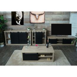 Wohnzimmerset aus TV-Rack, Sideboard, Kommode und Couchtisch MCW-K75, Schiebet&uuml;r Stauf&auml;cher, Industrial ~ naturfarben