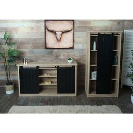 Wohnzimmerset aus Schrank und Sideboard MCW-K75, Schiebet&uuml;re Stauf&auml;cher, Holz-Optik Industrial Metall ~ naturfarben