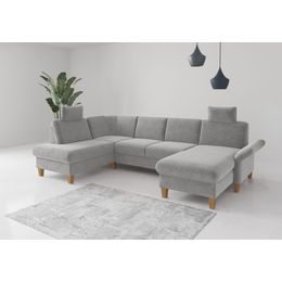 Wohnlandschaft Home Affaire "Rochelle, U-Form", grau (hellgrau), B:314cm H:90cm T:195cm, 100% Polyester, Sofas, Wohnlandschaft, optional mit Armteilverstellung, mit Bettfunktion & Bettkasten