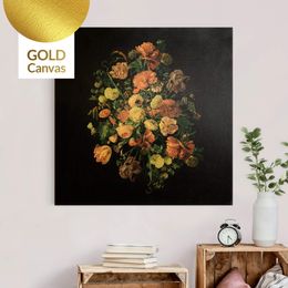 Leinwandbild Gold Jan Davidsz de Heem - Dunkles Blumenbouquet - Wandbilder XXL Print Blumen Floral Kunstdruck Wohnzimmer Schlafzimmer Bad Badezimmer