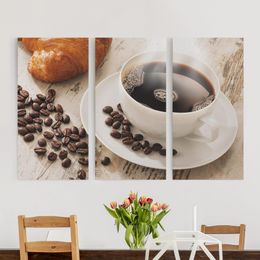Bilderwelten 3-teiliges Leinwandbild - Querformat Dampfende Kaffeetasse mit Kaffeebohnen